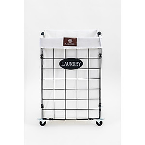 LargeROO Wire laundry Basket with Wheels & Removable Liner Bag for Bedroom, Small 72L Laundry Hampers Black Rolling Baskets Dirty Clothes Hamper on Wheels