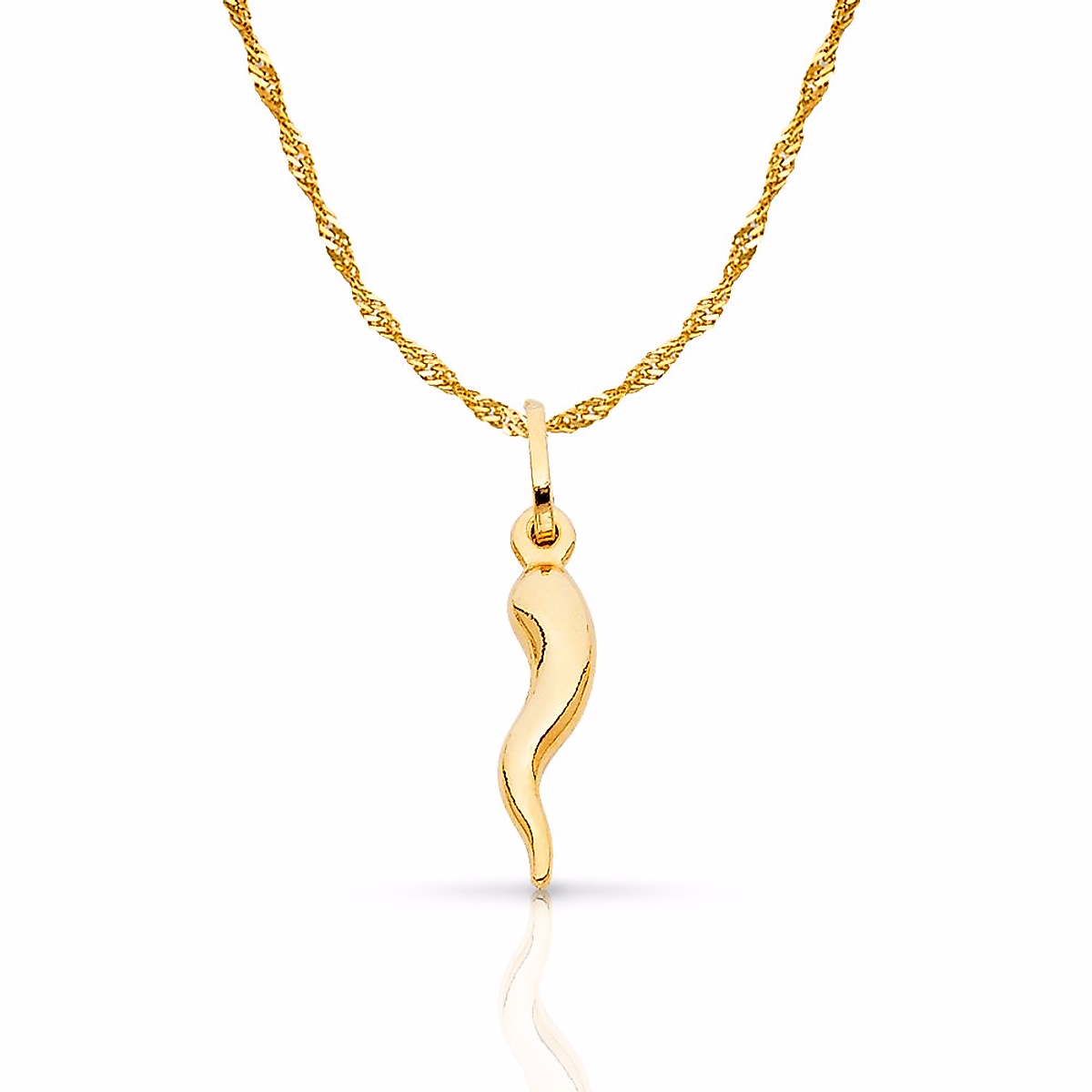 14K Yellow Gold Cornicello Italian Horn Necklace Good Luck Charm Pendant with 1.2mm Singapore Chain Necklace - 24"