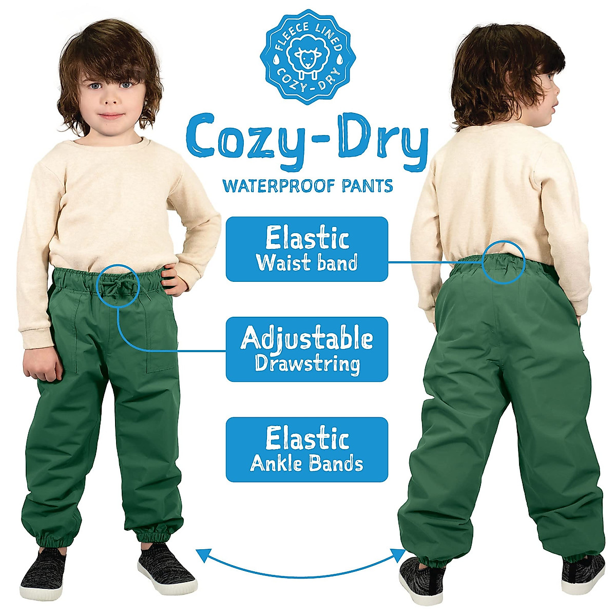 JAN & JUL Lined Water-Proof Pants Kids, Cozy Rain Gear for Boys Girls (Fleece-Lined: Black, 3T)