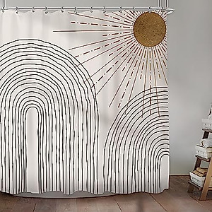 KOMLLEX Boho Abstract Sun Arches Shower Curtain for Bathroom Decor 72Wx72H Inches Mid Century Modern Minimalist Rainbow Sunshine Black Beige Simple Art Lines Fabric Waterproof Polyester 12 Pack Hooks