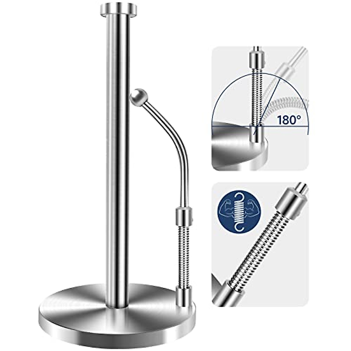 Paper Towel Holder Countertop,Longer Spring Arm(8cm) Stainless Steel Kitchen Paper Towel Holder Stand,Brushed Nickel Easy Tearing Paper Towel Dispenser with Weighted Base Fit Most Size Paper Roll,V1