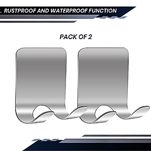 Performore 2 Pack of Stainless Steel Double Hook Hangers with Flat Back and 3M Foam Adhesive, Adhesive Shower Hooks, Razor Holder, Towel Hangers for Bathroom or Kitchen Wall
