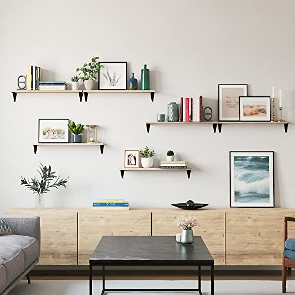 Wallniture Arras Floating Shelves, Living Room Bookshelf, Wall Shelves for Bedroom, Kitchen Organization Units & Office Wall Decor 24" Natural Wood Shelf Set of 6