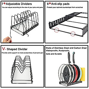 Pot Organizer Rack for Under Cabinet, Kitchen Pot and Pan Organizer Rack Holder with 1 Drip Pan & 7 Dividers Adjustable Pot Lid Organizer for Cabinet, Bakeware, Cookie Sheet and Cutting Board (Black)
