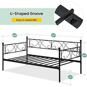 Amyove Twin Daybed Frame with Stylish Headboard, Metal Sofa Single Bed Frame with Metal Slat Support, No Box Spring Needed, Multifunctional Platform Bed for Bedroom Living Room Guest Room, Black
