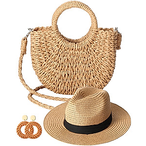 3 Pcs Women Straw Bag Rattan Wide Brim Sun Hat Woven Earrings for Summer Beach