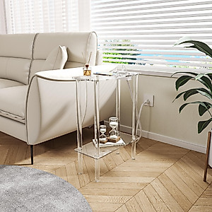 HMYHUM Acrylic Narrow Side Table with Charging Station, 7" Width, 2 Tier Small End Table for Small Spaces, Skinny Nightstand/Bedside Table with USB Ports & Outlet, Clear