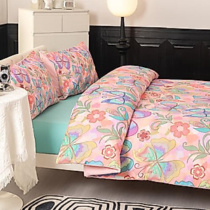 Podol Girls Pink Comforter Set Full Size, Butterfly Flowers Pattern Bedding Set, 5pc Lightweight Bed in A Bag with 1 Comforter, 2 Pillowcases, 1 Flat Sheet and 1 Fitted Sheet for Kids