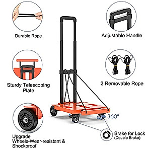 SPACEKEEPER Foldable Hand Truck Dolly, 265 LB Folding Luggage Cart with Wheels, Portable Flatbed Cart Collapsible Hand Truck for Luggage, Travel, Moving, Shopping, Office Use, Orange