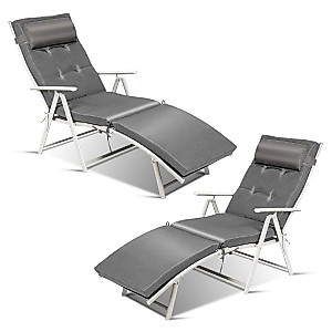 Tangkula 2 PCS Outdoor Folding Chaise Lounge Chair, Lightweight Recliner Chair w/ 7 Adjustable Backrest Positions, Patio Reclining Beach w/Removable Cushion & Pillow for Patio Poolside (Gray)