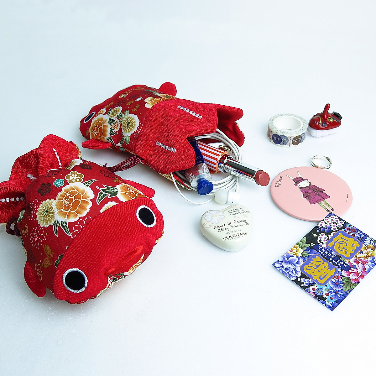 BARbee Red Japanese Chirimen & Kimono Print Fabric Goldfish Drawstring Pouch Coin Dice Purse Cosmetic Jewelry Key Travel Storage Bag Valentine's Day Gift Christmas Gift (Large)