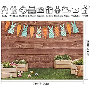 Happy Easter Backdrop Spring Rabbit Carrot Green Grass Eggs Baby Shower Backdrop Brown Wooden Wall Easter Party Decoration (7x5ft)