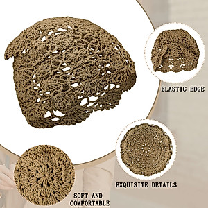 3 Pieces Crochet Slouchy Beanie Hat Handmade Knit Floral Summer Skull Cap Stretchy Lightweight Cotton Cutout Hats for Girls and Women, Khaki Black and White