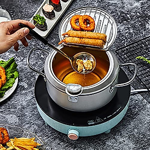 Cyrder Japanese Tempura Deep Fryer Pot with Thermometer and lid, 9.5" For Home with Oil Filtration, Big Deep Fryer Perfect for Family Easy Clean, Silver Deep Fryer Pot