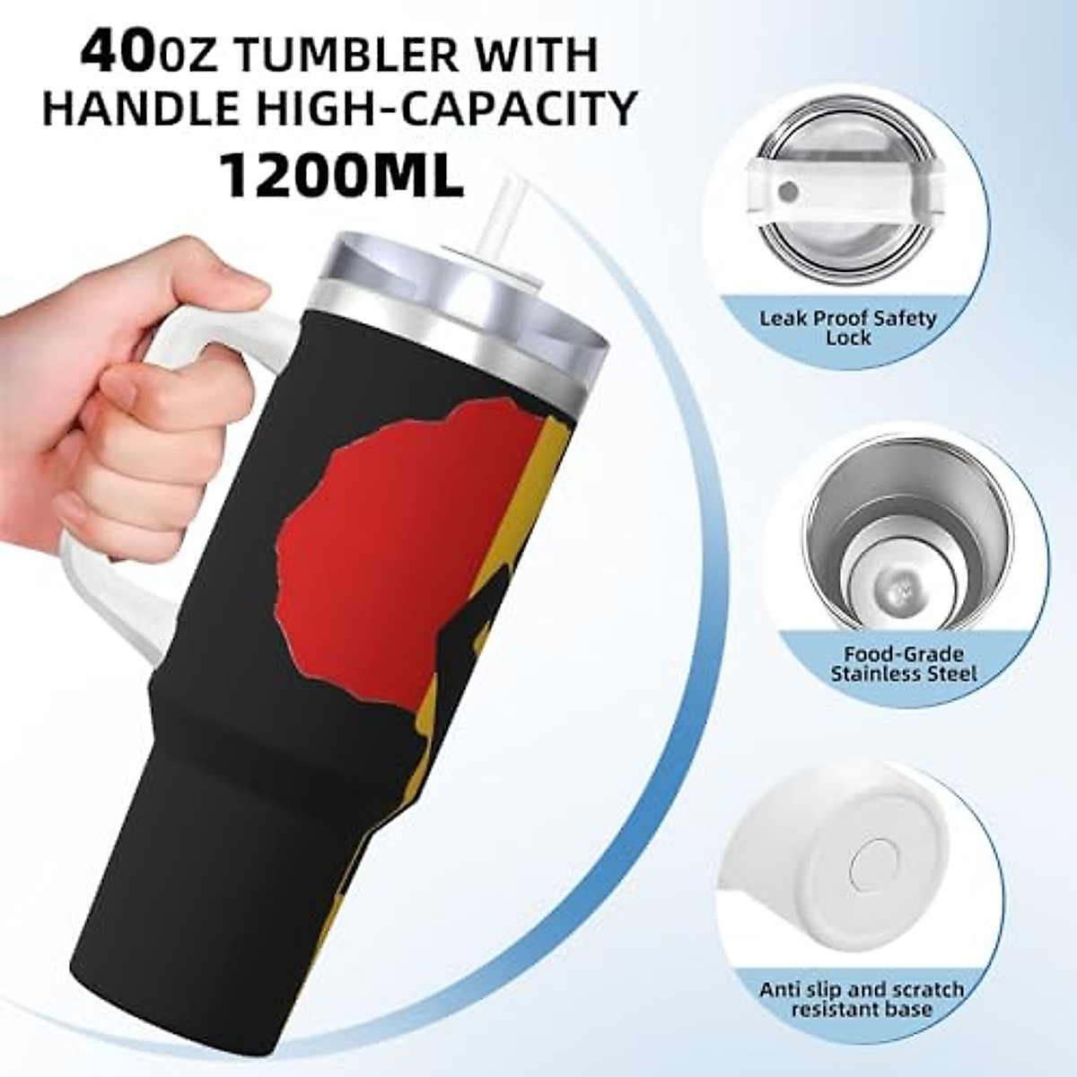 Xiexide 40oz Stainless Steel Camping African Map Black History Africa Power Rasta Color Double Walled Vacuum Insulatedith Handle And Straw,Hot & Cold Drinks