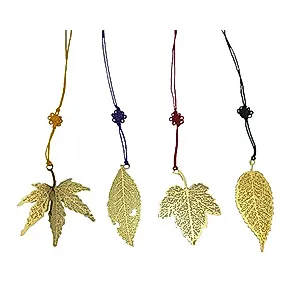 yueton 4pcs Vintage Golden Metal Leaf Maple Leaves Bookmark with Color Knotting Strap, Great Gifts