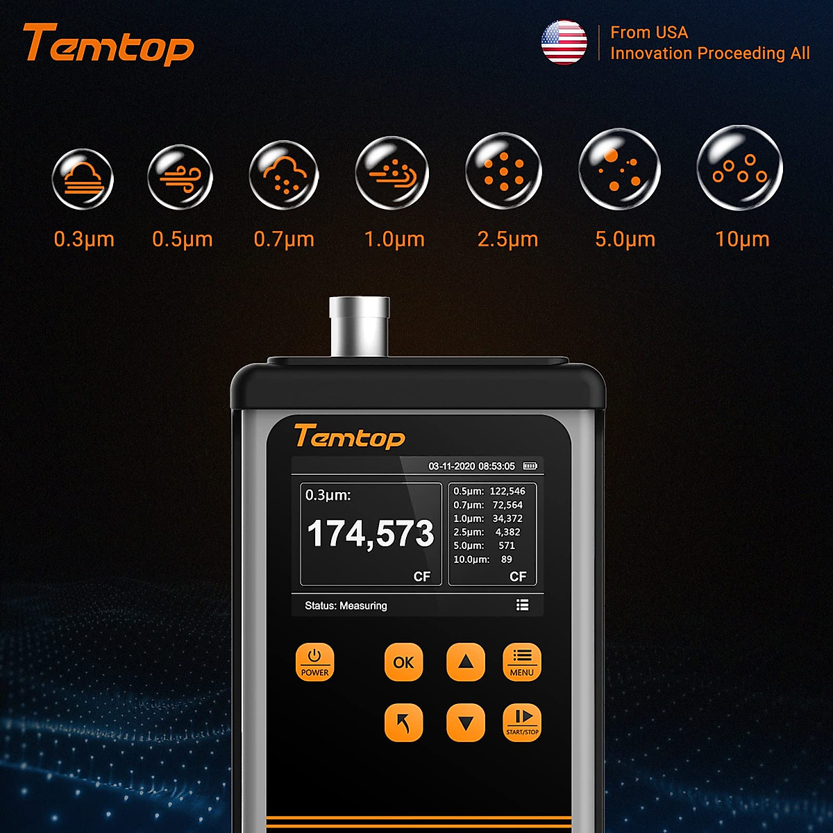 Temtop Professional Particle Counter Affordable Cleanroom Portable Particulate Sensor 0.3μm~10μm Particulate Matter Tester PM0.5, PM2.5, PM10 Detector ISO-21501 Certified PMD331