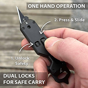 Lever Gear Edge XT - Mini Utility Knife Keychain Multitool w/ 10 Tools - Retractable Razor Blade Mini Box Cutter OTF Knife - Small EDC Pocket Knives For Men Gift (Black-blk)
