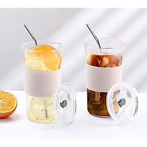 2 pcs Iced Coffee Cups with Lids, 16 oz Glass Cups with Lids and Straws, Reusable Tumbler with Silicone Sleeve, Wide Mouth Can Shaped Drinking Glasses for Coffee Juice Water Smoothie (White)