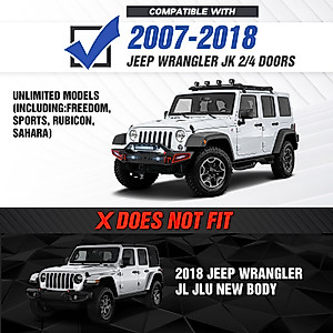EYOUHZ Full Width Front & Rear Bumper w/Spare Tire Carrier Compatible with 2007-2018 Jeep Wrangler JK JKU Unlimited with Paintable Armor, License Plate Bracket, 2" Hitch Receiver, LED Lights & D-rings