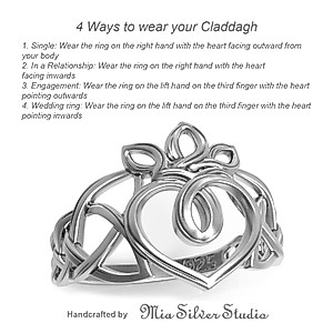 925 Sterling Silver Claddagh Rings for Women - Endless Celtic Knot Love Heart Crown Ring - Friendship Promise Engagement Rings - Norse Irish Jewelry Gifts for Her - Handmade (6.5)