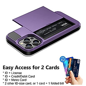 Vofolen for iPhone 13 Pro Max Case Wallet Credit Card Holder ID Slot Sliding Door Hidden Pocket Men Women Anti-Scratch Dual Layer Hybrid Bumper Armor Protective Shell Back Cover 6.7 inch GreyPurple