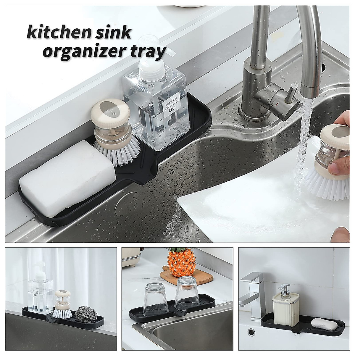 MicoYang Silicone Bathroom Soap Dishes with Drain Spout-Bathroom and Kitchen Sink Organizer,Sponge Holder,Dish Soap Tray,Perfect for Dispenser,Scrubber,Bottle,Cup on Sink or Counter-Black 12"×4"