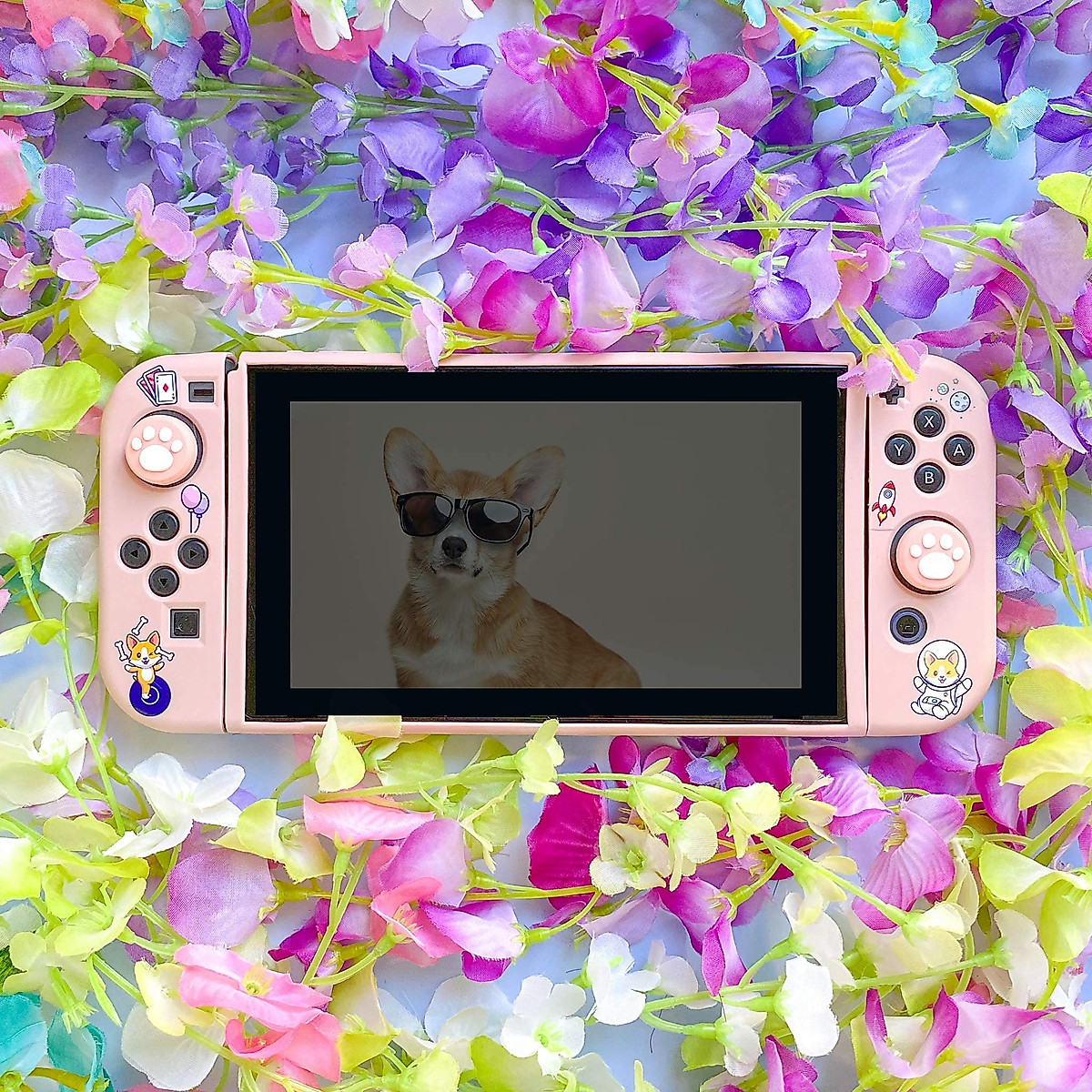 BelugaDesign Corgi Boba Switch Bundle | Cute Kawaii Dog Bubble Tea Pastel Pet Case | Cover Shell with Thumb Grips Compatible with Nintendo Switch (Switch Standard, Pink)
