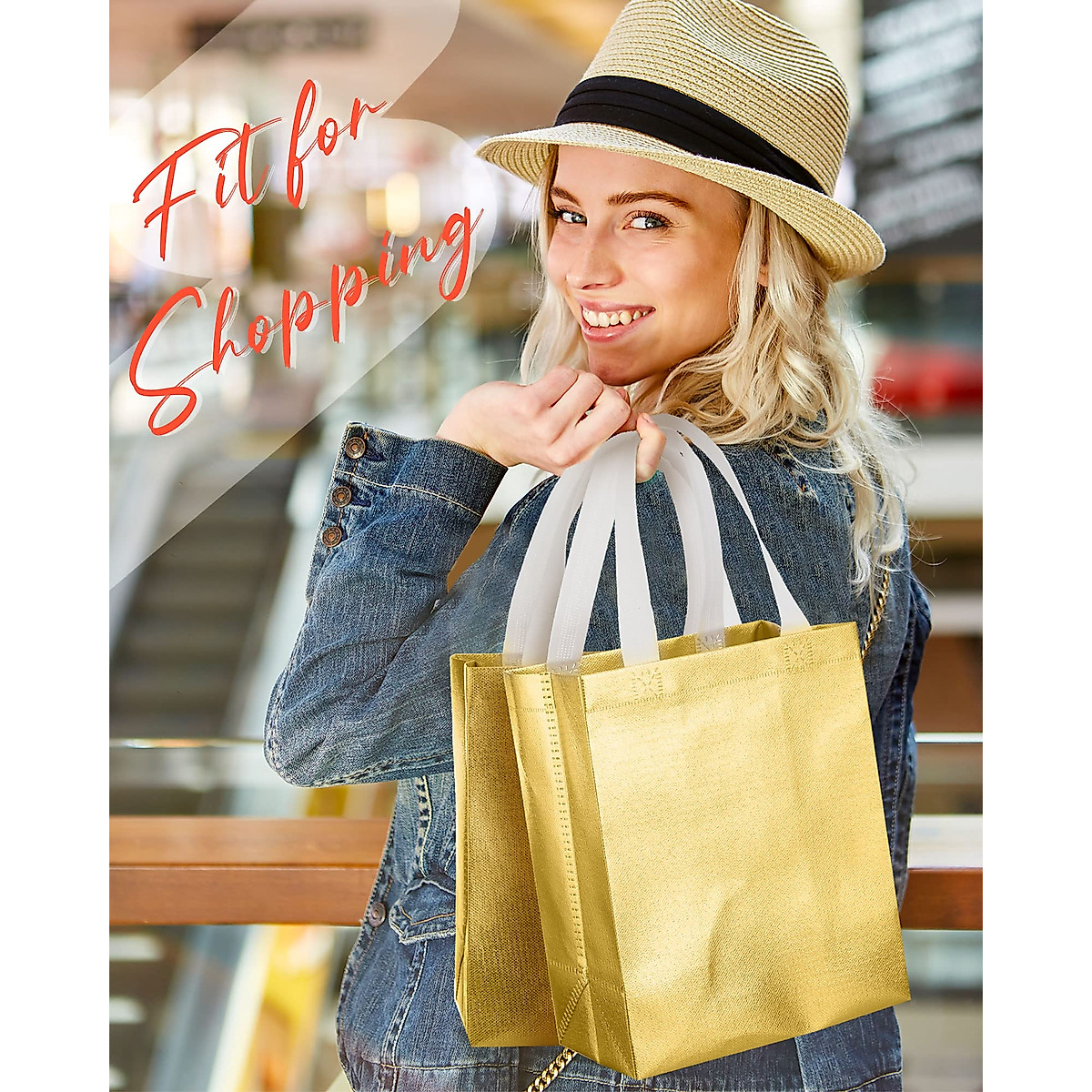 80 Pieces Gift Bags Set Glossy Reusable Tote Bags with Handles Grocery Bags for Wedding, Bachelorette Party, Christmas(Gold)