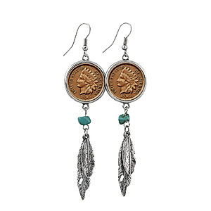 American Coin Treasures 100 Year Old Indian Head Penny Feather Silvertone Coin Earrings