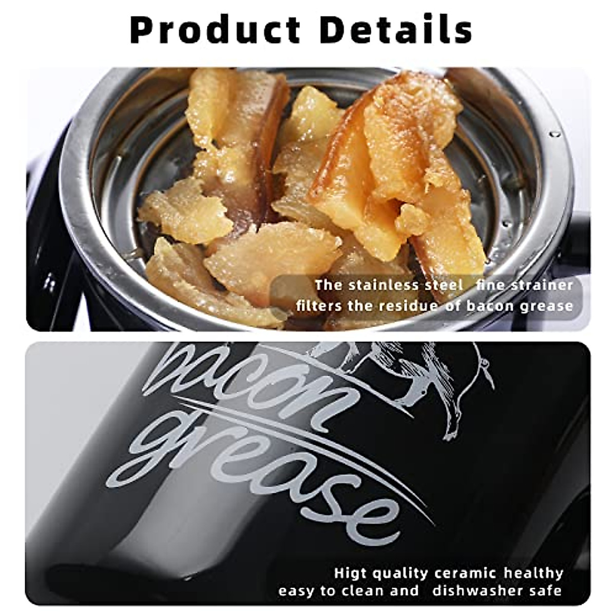 ONTUBE Ceramic Bacon Grease Container Keeper with Strainer (Black)