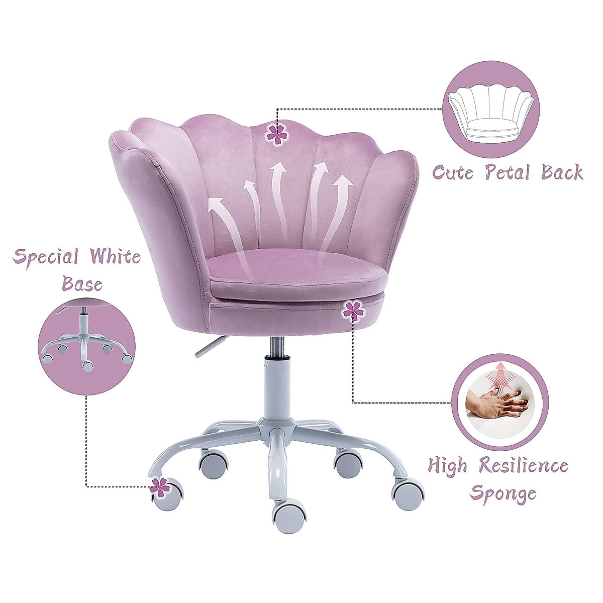 chairus Cute Kids Desk Chair Velvet Living Room Accent Armchair Upholstered Teens Vanity Chair with Seashell Back, Adjustable Swivel Children Study Chair for Computer Homework, Purple