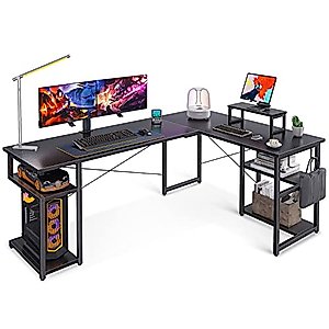 ODK 66" L Shaped Desk Computer Desk with Storage Shelves & PC Stand, Gaming Desk with Monitor Stand, Home Office Writing Desk, Modern Larger Wooden Desk, Black