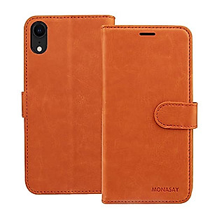 MONASAY Wallet Case Compatible for iPhone XR, 6.1-inch, [Glass Screen Protector Included] [RFID Blocking] Flip Folio Leather Cell Phone Cover with Credit Card Holder, Orange