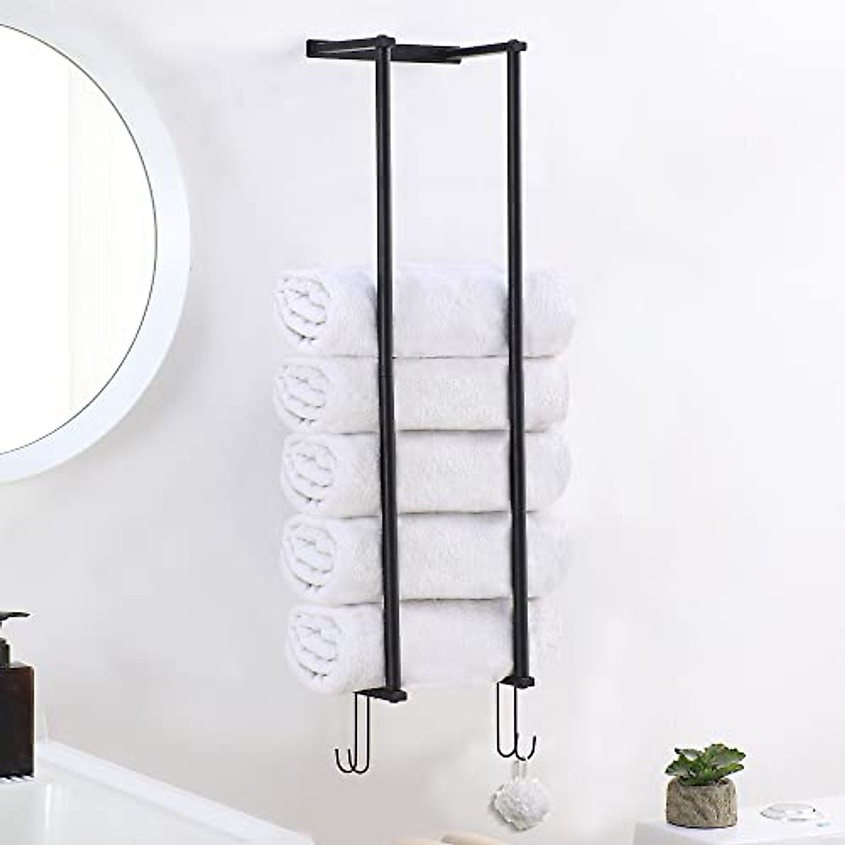 MallKing 3-Tier Over The Toilet Rack Wooden Bathroom Spacesaver and Wall Towel Rack Metal Bathroom Rolled Towels(Black)