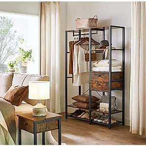 VASAGLE Free Standing Closet Organizer, Clothes Rack, Closet Organizer and Storage Shelves, Hanging Rod, 2 Drawers, Industrial Style, Rustic Brown and Black URGR001B01