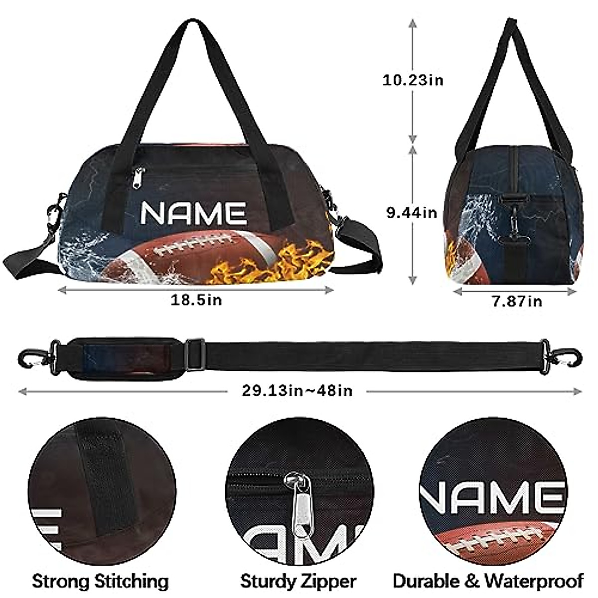 Custom Duffel Bag for Kids Fire American Football Personalized Sports Tote Gym Bag for Teens Boys & Girls Waterproof Weekender Carry Shoulder Travel Bag School Dance Ballet Practice Bag