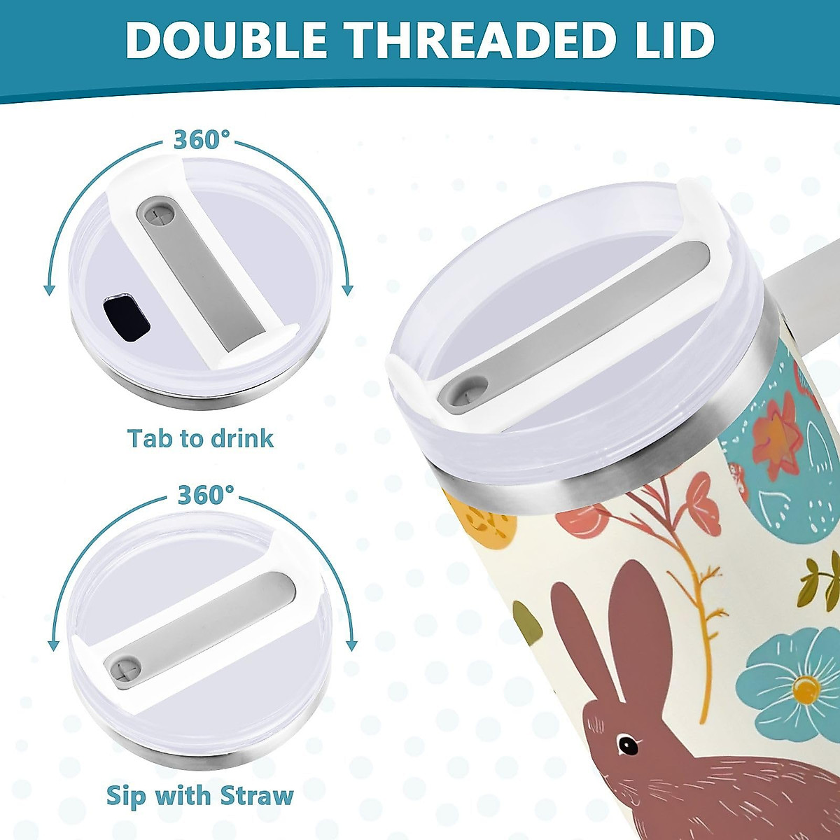 RPLIFE Easter with Bunnies and Flowers 40oz Tumbler with Handle, Stainless Steel Tumbler with Straw, Tumblers for Women