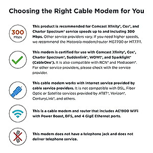 Motorola MG7550 - Modem with Built in WiFi | Approved for Comcast Xfinity, Cox, Spectrum | For Plans Up to 300 Mbps | DOCSIS 3.0 + AC1900 WiFi Router | Power Boost Enabled