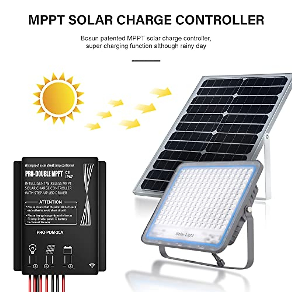 Gebosun 2-Pack 300W LED Solar Flood Light, Remote Controlled, Dusk to Dawn, 24,000Lumen, 6000K, IP67 Waterproof, Wall-Mounted & Pole-Mounted, Perfect for Barn, Warehouse, Backyard and Garden