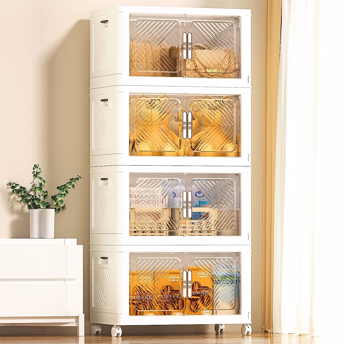 Foldable Storage Bins with Lids 76QT, Stackable Storage Containers with Wheels and Magnetic Doors, Plastic Clothes Closet Organizers and Storage Box for Room, Pantry, Home and Office (4 Pack)