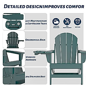 NAVINE Folding Adirondack Chair Set of 4 with Cup Holder Weather Resistant Plastic Fire Pit Chairs, Patio Chairs, Lawn Chair, Ideal for porches, patios, patios, poolsides, Decks.(Dark Green)