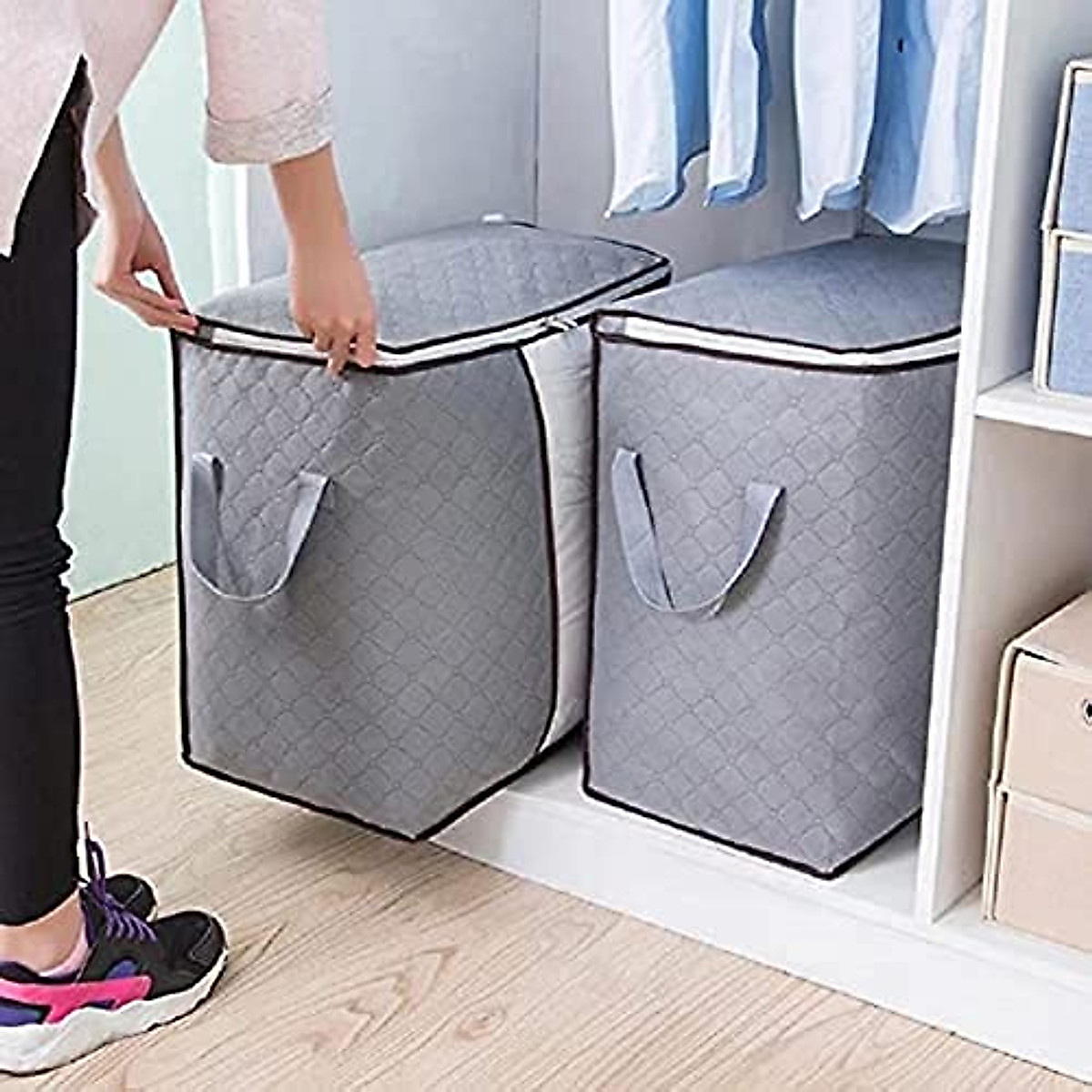 2PCS 90L Large Storage Bags Home Quilt Storage Bag Foldable Non-Woven Transparent Window Handle Storage Bag for Comforters, Clothing, Blanket, Bedding and Toys
