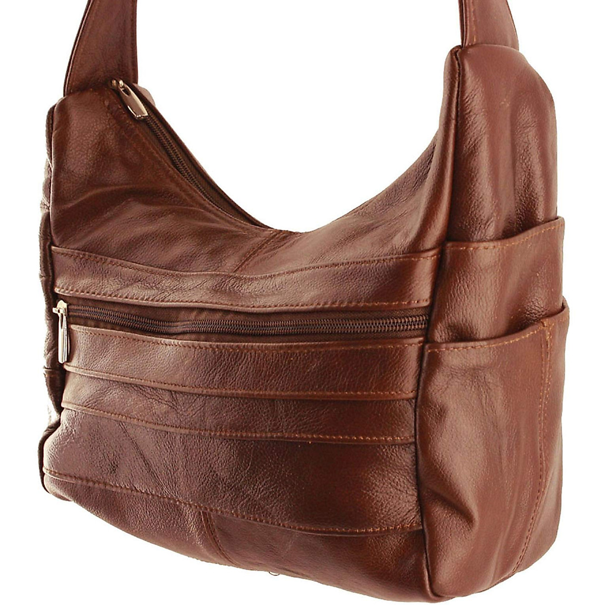 Women's Leather Medium Cross Body Purse Shoulder Ladies Handbag with Many Pockets (Brown)