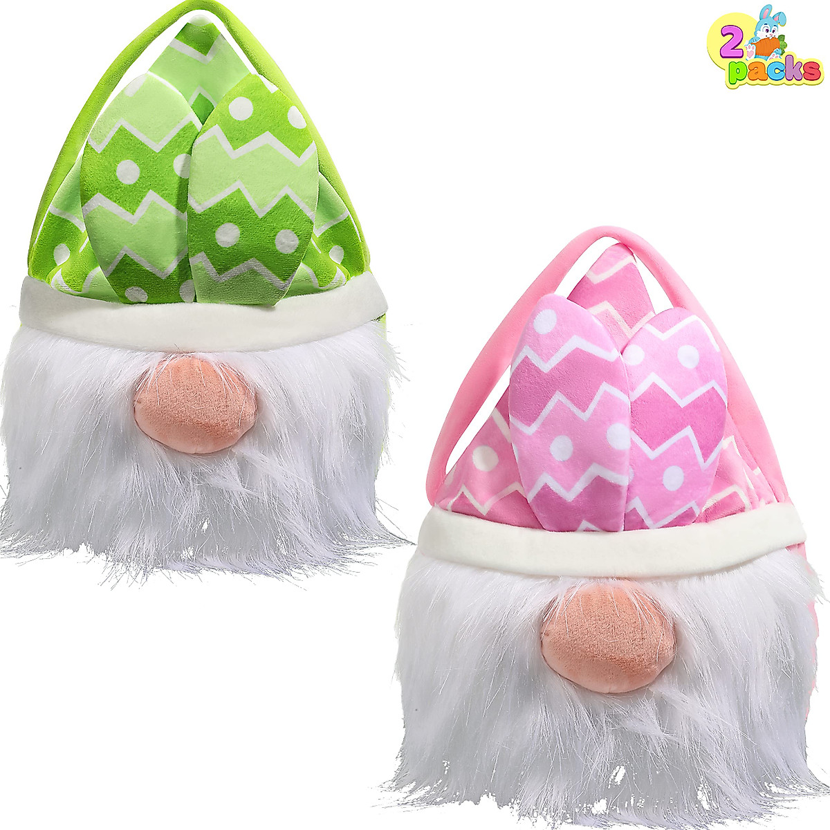 JOYIN 2 Pcs Plush Gnome Easter Basket 12.8" x 8.3", Furry Bunny Ears Gnome Basket for Spring Easter Party Favors, Egg Hunting, Decorations, Gifts for Kids