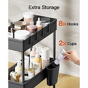 Pipishell Bathroom Cart, 2 Pack Slim Storage Cart Bathroom Organizer with Hanging Cups & Hooks, Bathroom Storage Rolling Cart for Bathroom, Laundry Room, Kitchen, Set of 2, PIUC07BK2