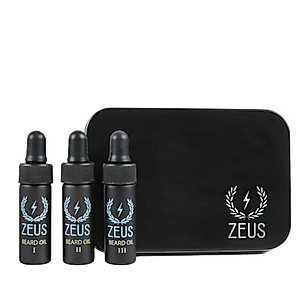 ZEUS Beard Oil Coffret Sampler Set - 3 Beard Oil Vial Sample Kit (Sandalwood, Verbena Lime & Vanilla Rum) MADE IN USA