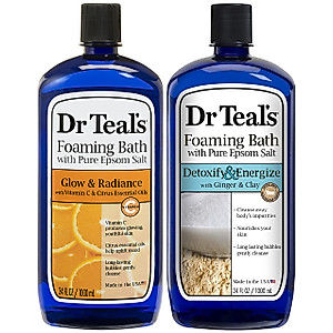 Dr Teal's Foaming Bath Variety Gift Set (2 Pack, 34oz Ea.) - Glow & Radiance Vitamin C & Citrus, Detoxify & Energize Ginger & Clay - Essential Oils with Epsom Salt - Treat Your Skin, Senses & Stress