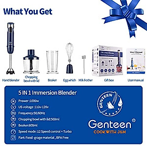Immersion Blender,5-in-1Immersion Blender Handheld with 4-Prong Titanium Steel Blade,12 Speed & Turbo Mode &1000W Motor | Hand Blender with Whisk,Frother,Chopper for Shakes,Smoothies,BPA Free