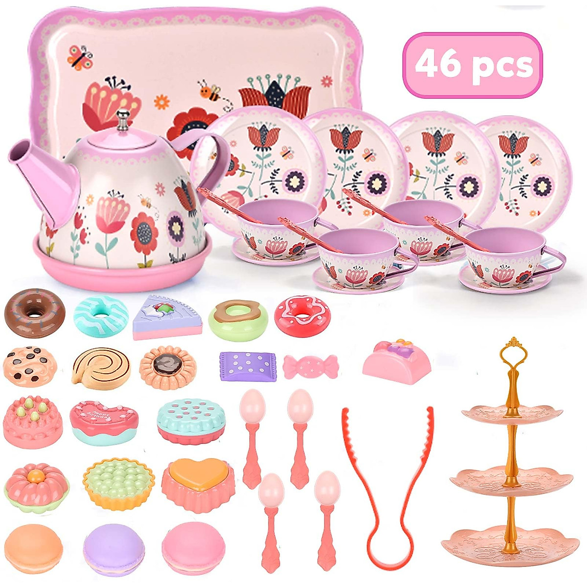 Lajeje Tea Set for Little Girls, Birthday Gift for Age 3 4 5 6 Year Old, Toddler Toys Tea Party Set for Little Girls, Princess Kids Kitchen Pretend Toy with Tin Tea Set, Desserts & Carrying Case